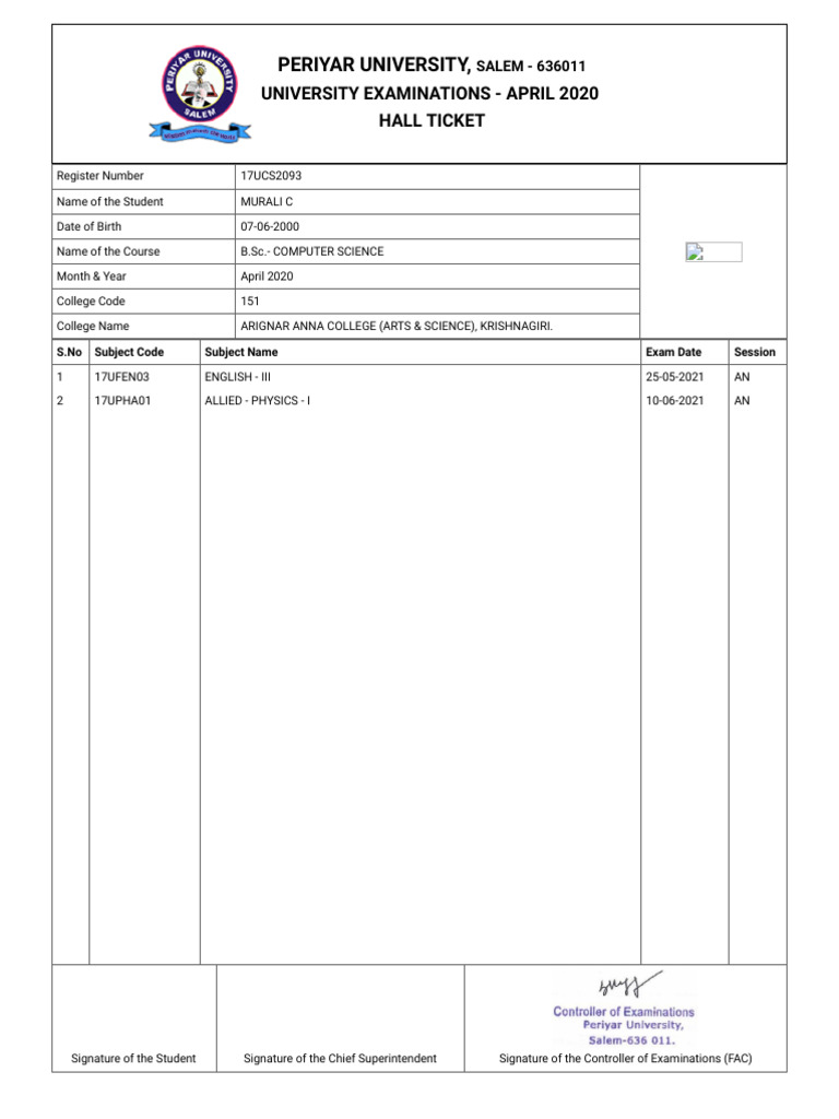 17 Batch Hall Ticket | PDF