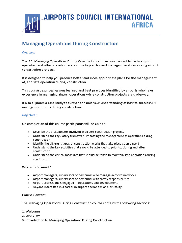SAF - Online - Managing Operations During Construction | PDF