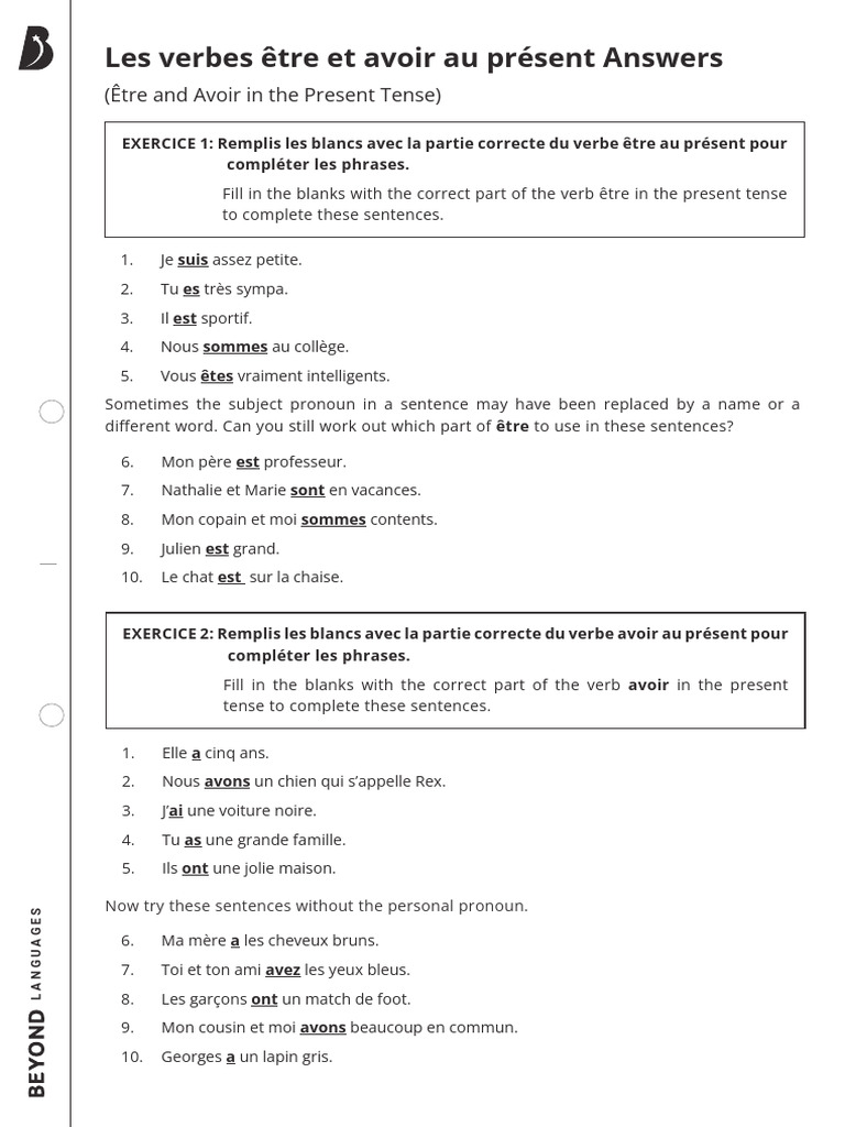 French Être and Avoir Present Tense Activity Sheet Answers | PDF ...