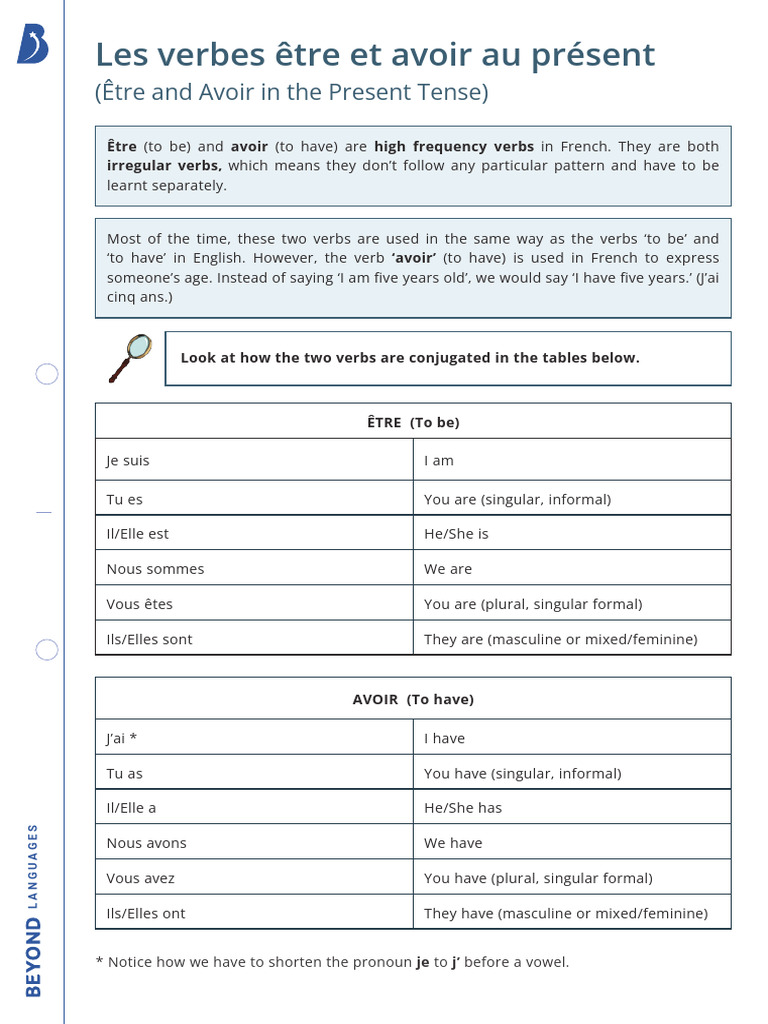French Être and Avoir Present Tense Activity Sheet 2 | PDF