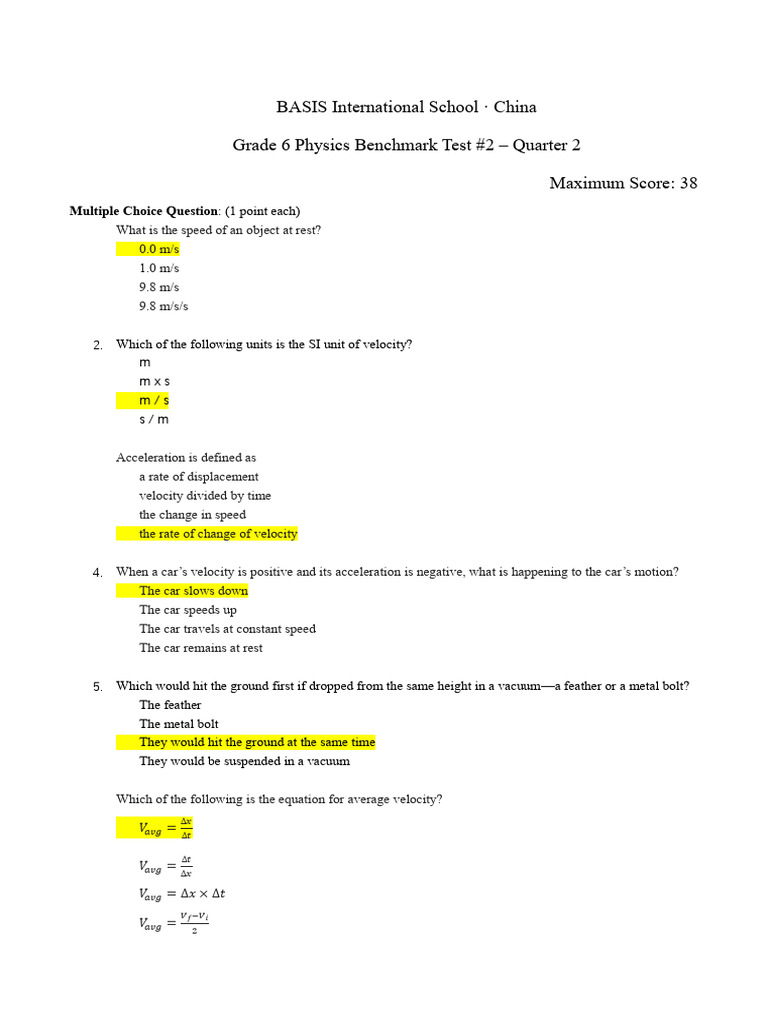 Physics 6 - Quarter 2 Benchmark Answers | PDF