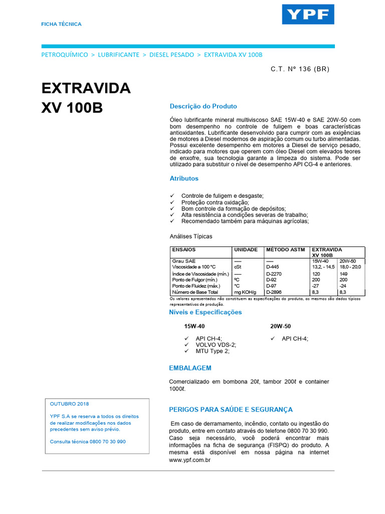 EXTRAVIDA-XV-100B - Diesel - 15W40 CH-4 | PDF