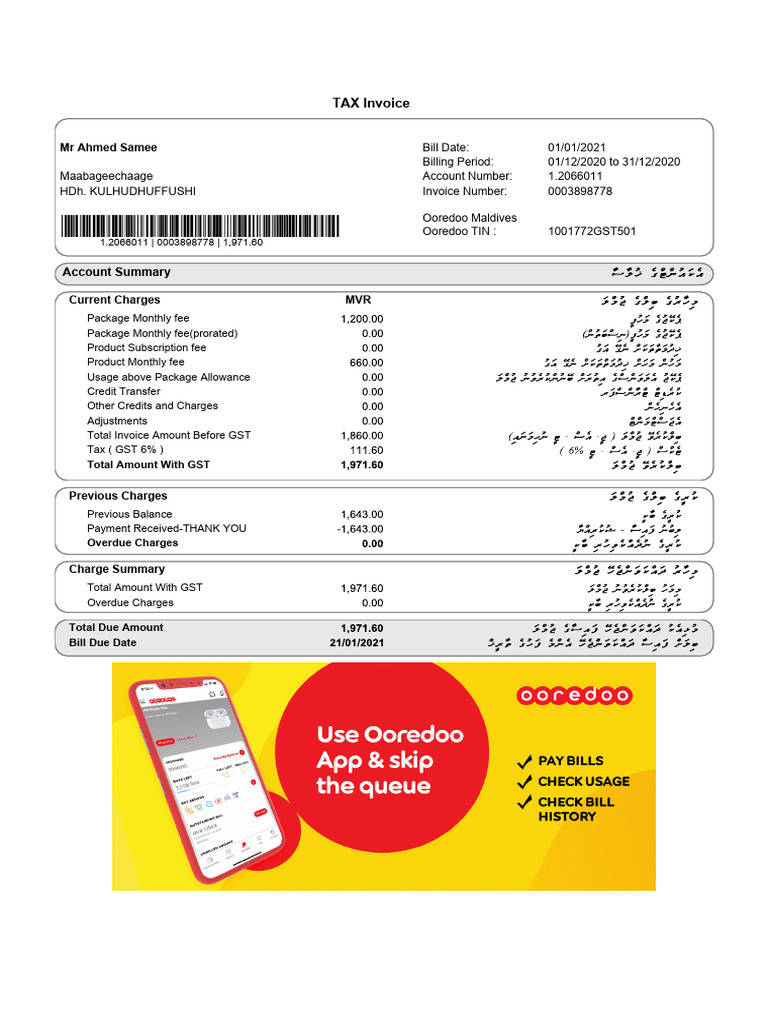 Ooredoo Maldives Invoice Summary 2021 | PDF | Invoice | Fee