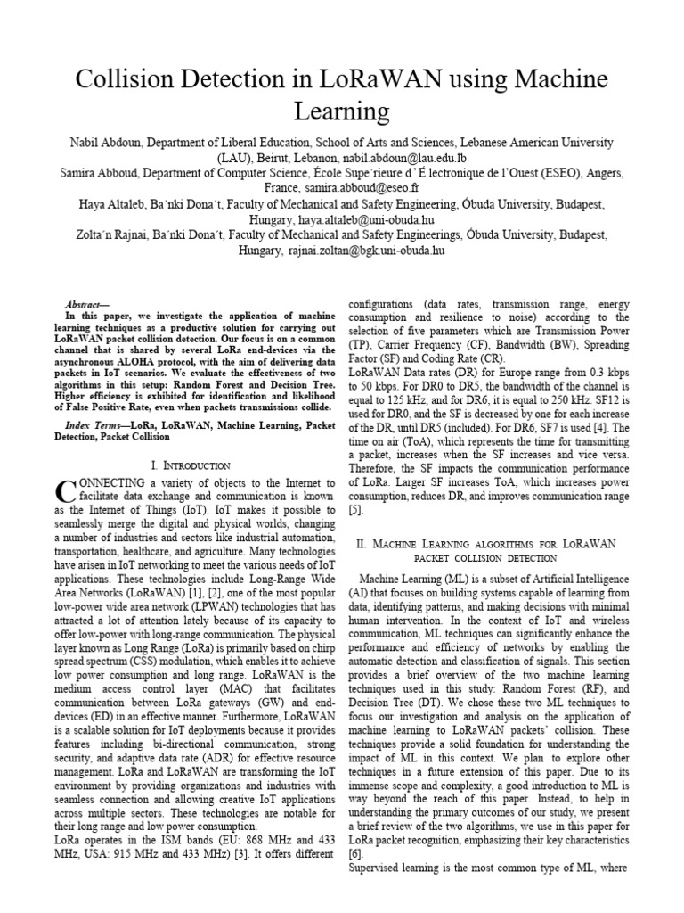 Collision Detection in Lorawan Using Machine Learning: Abstract | PDF
