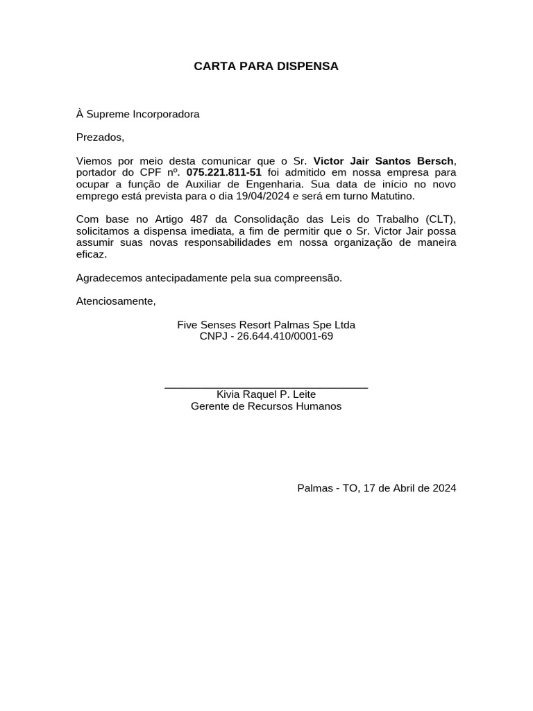 Carta para Dispensa Do Aviso Previo | PDF