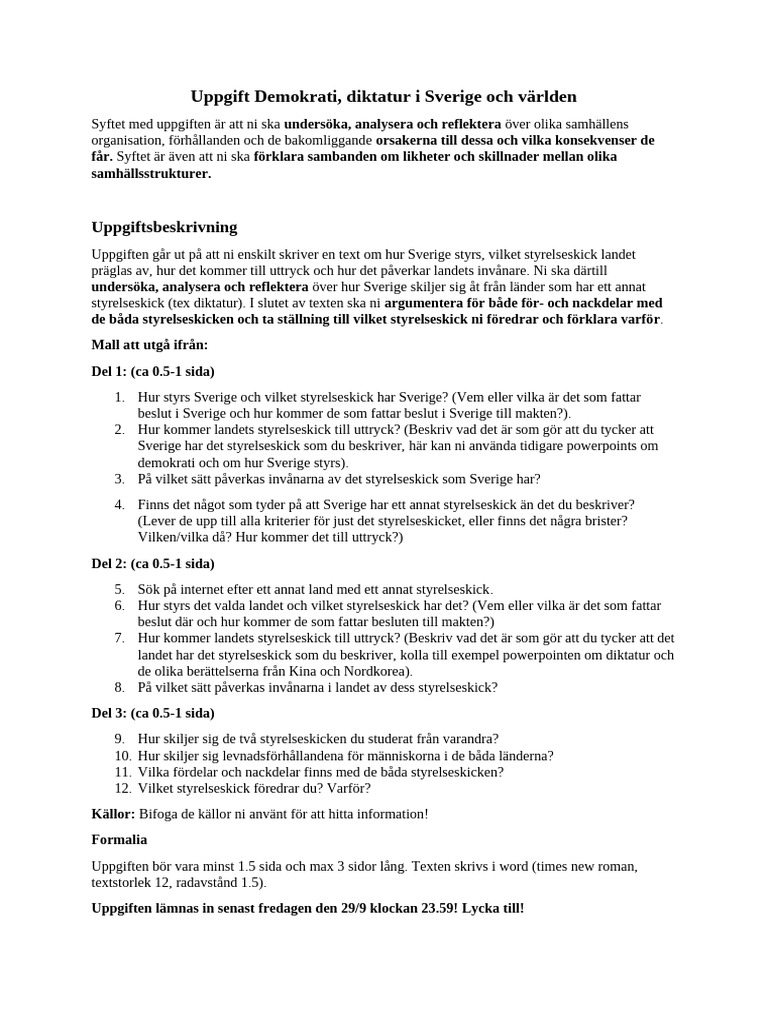 Uppgift Demokrati Och Diktatur | PDF