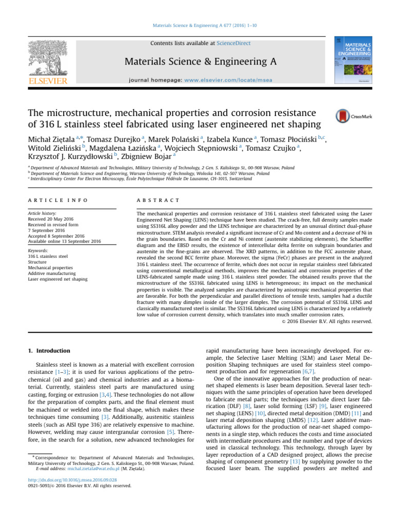 The Microstructure, Mechanical Properties and Corrosion Resistance of 316 L Stainless Steel ...