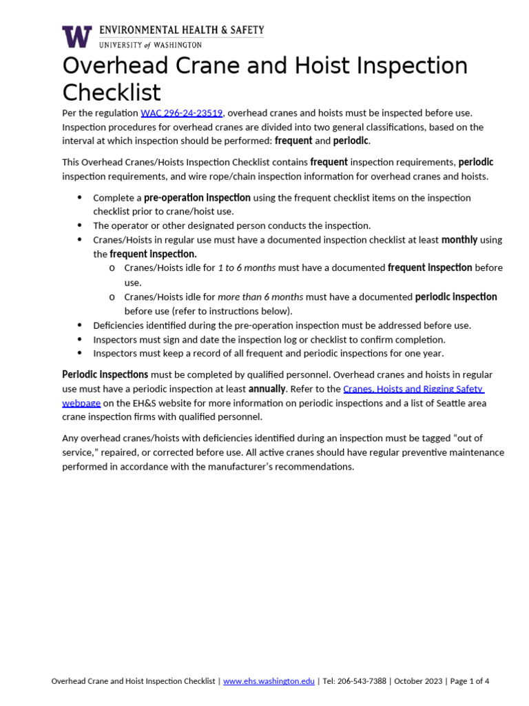 Overhead Crane Hoist Inspection Checklist | PDF