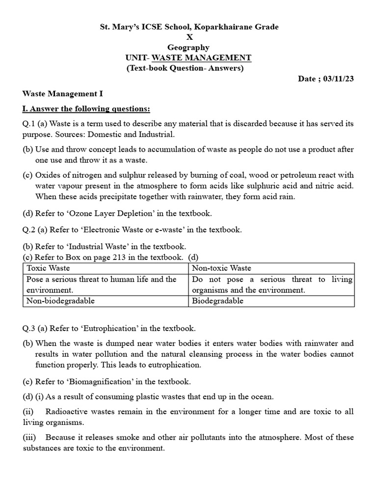 Grade X - Geography - Waste Management- textbook QA | PDF