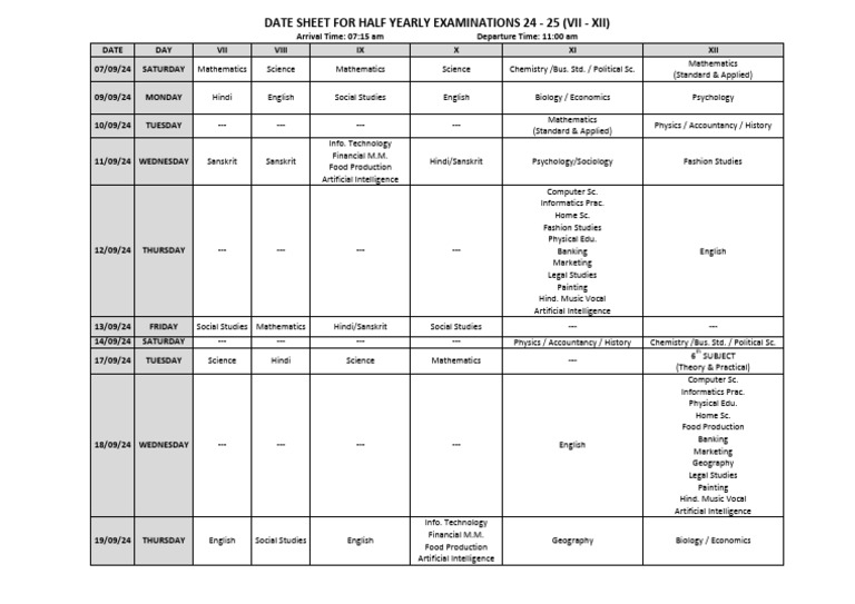 Date Sheet (HY 24-25) | PDF