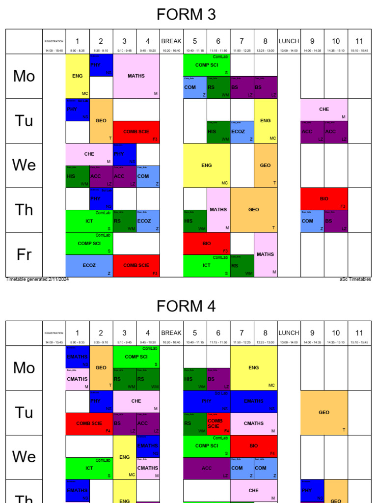 Timetable For Each Class | PDF