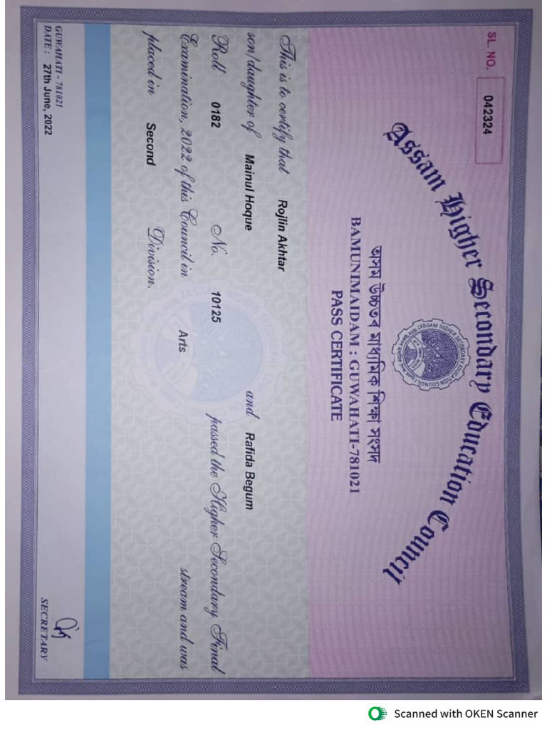 Pass Certificate of Hs Rojlin | PDF