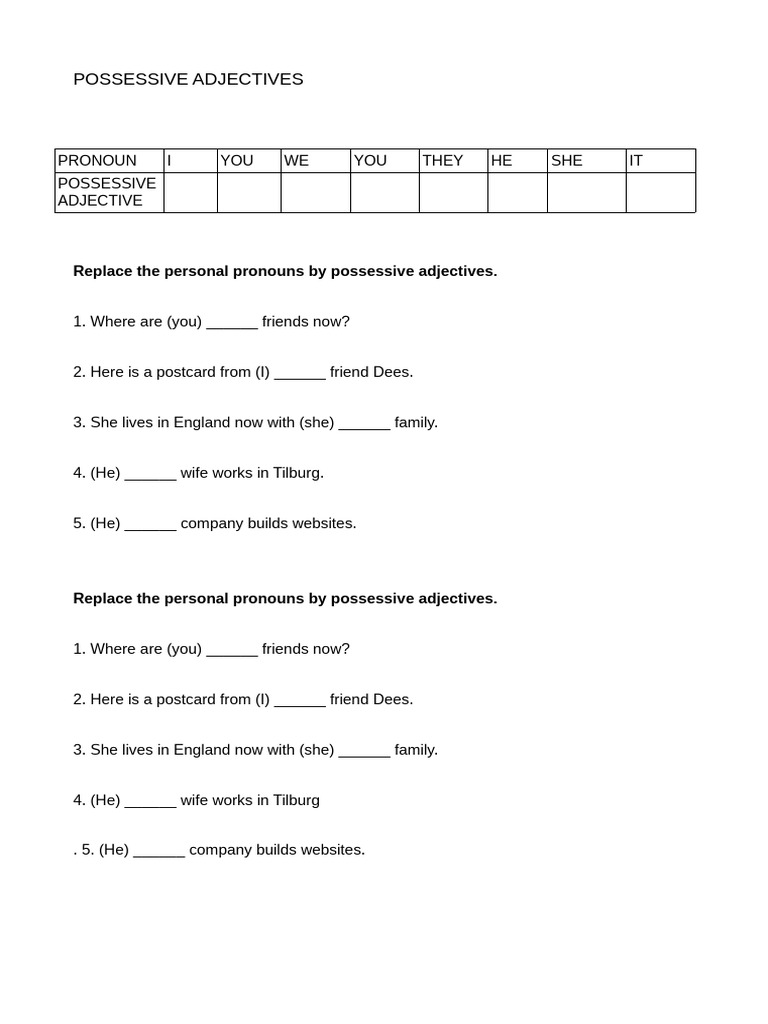 Possessives Adjectives Exercises | PDF