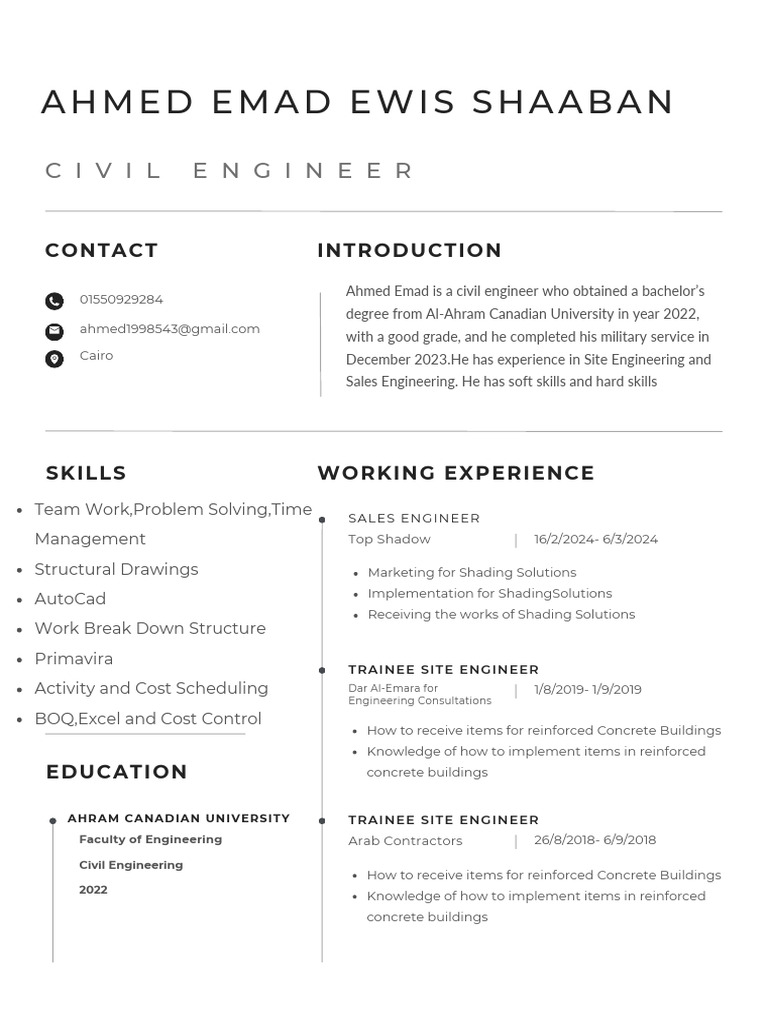 Civil Engineer Ahmed Emad CV | PDF