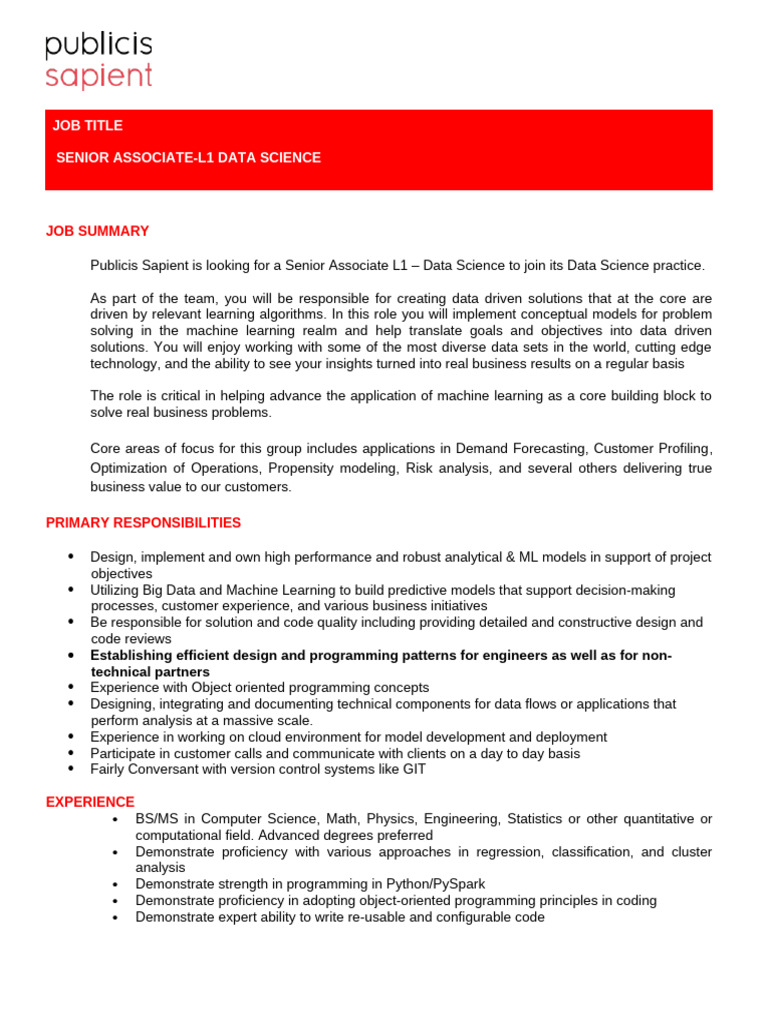 JD - SAL1 - Data Science | PDF