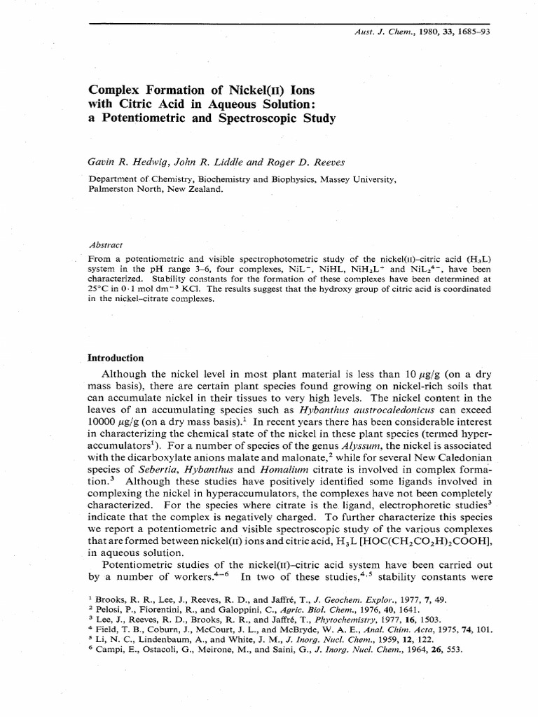 Complex Formation of Nickel (II) Ions With Citric Acid in Aqueous ...