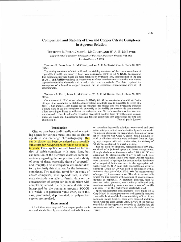 Composition and Stability of Iron and Copper Citrate Complexes in ...