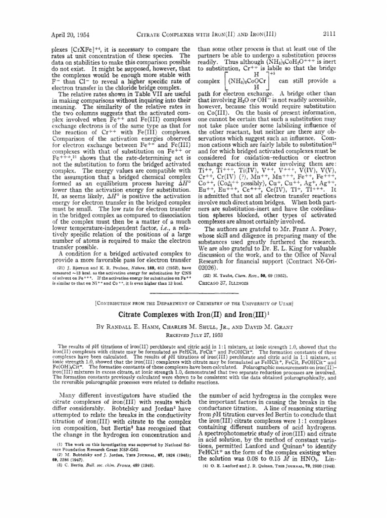 Citrate Complexes With Iron (II) and Iron (III) 1953 | PDF
