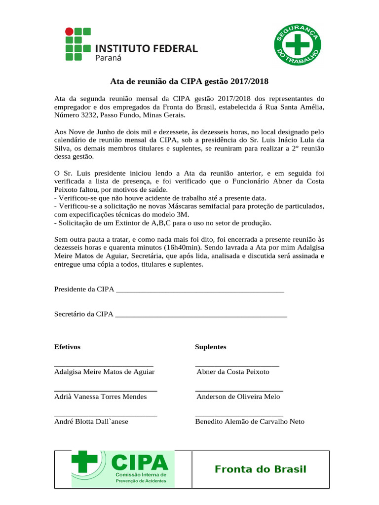 Ata Da Reunião de CIPA Site Segurança Do Trabalho | PDF