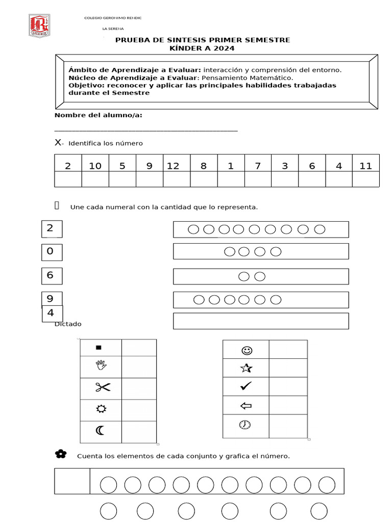 Matematicas Prueba Kinder I Semestre 2024 | PDF