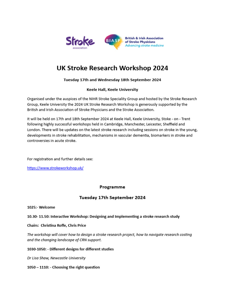 UK Stroke Research Workshop 2024 Flyer | PDF