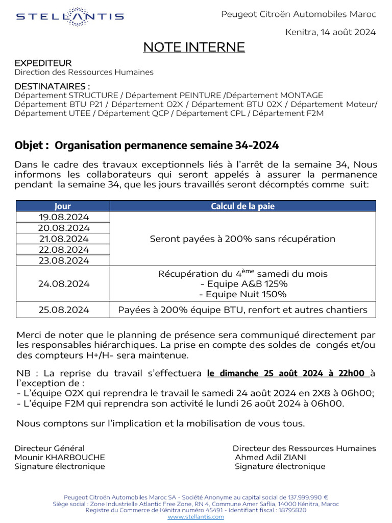 Note Interne - Organisation Permanence - Semaine 34 - 2024 | PDF