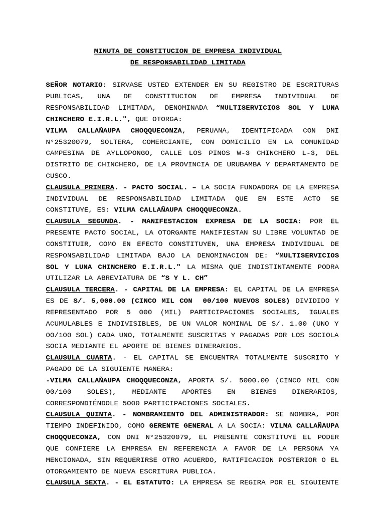 Modelo de Minuta de Constitucion de Empresa | PDF