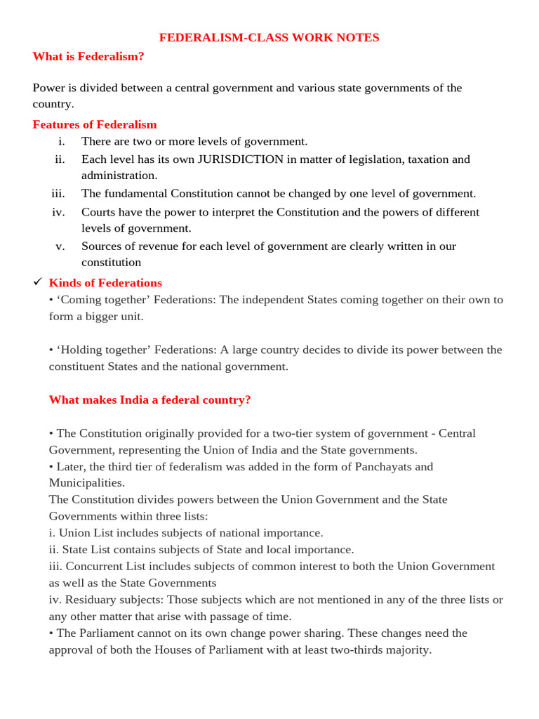 Federalism-Class Notes | PDF