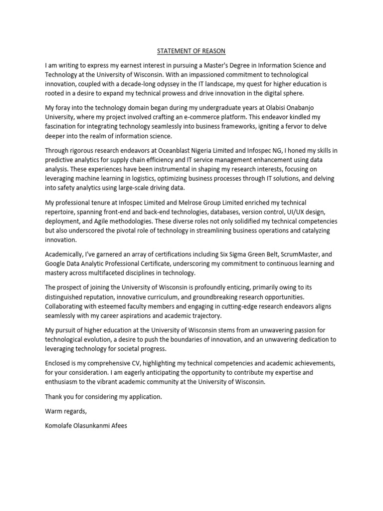 STATEMENT OF REASON Wisconsin | PDF