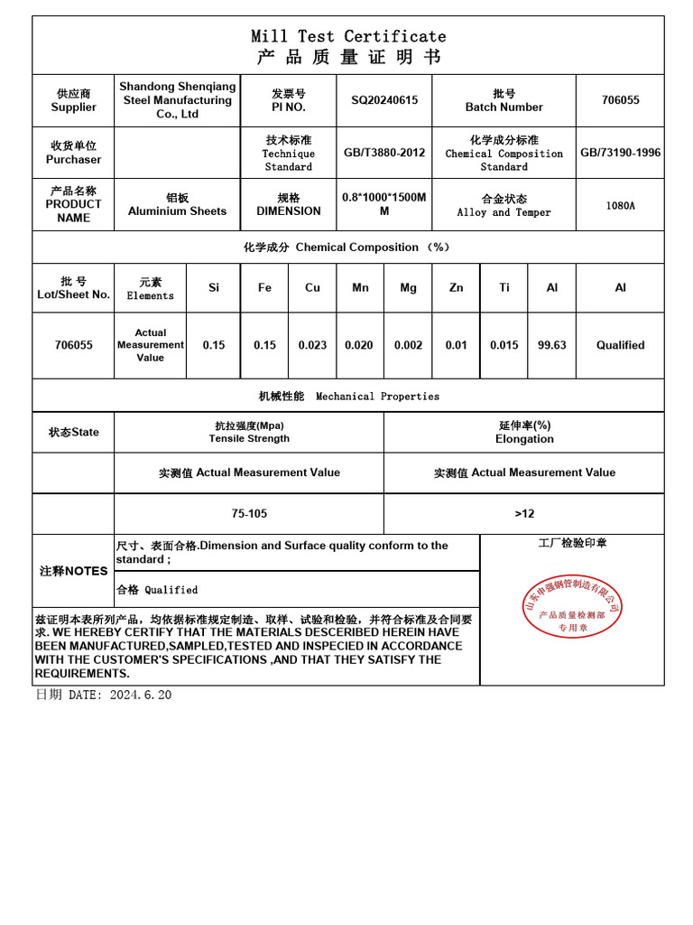 MTC of Aluminium Sheet 1080 Grade | PDF