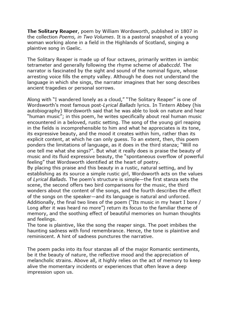 Unit 3 SOLITARY REAPER-FINAL | PDF