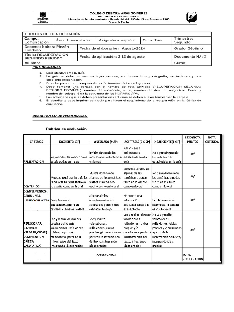 Recuperacion 2 Periodo Español Grado Septimo | PDF