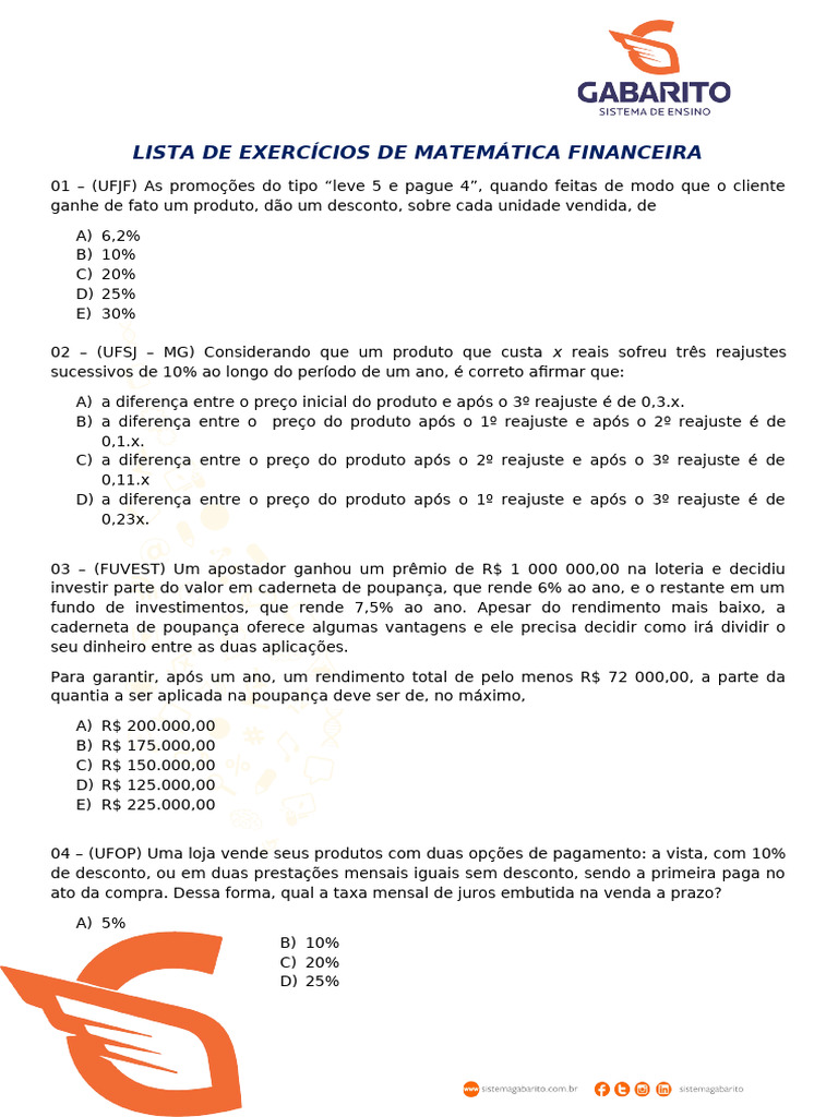 Lista de Exercícios de Matemática Financeira | PDF