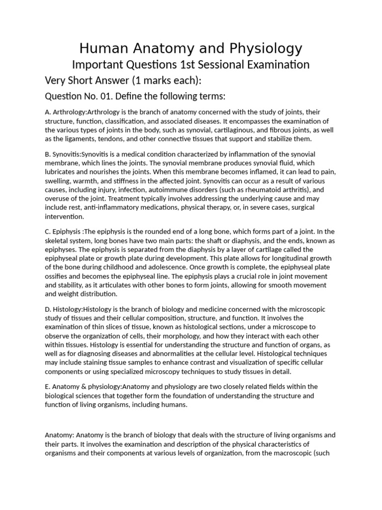 Human Anatomy and Physiology: Important Questions 1st Sessional Examination | PDF