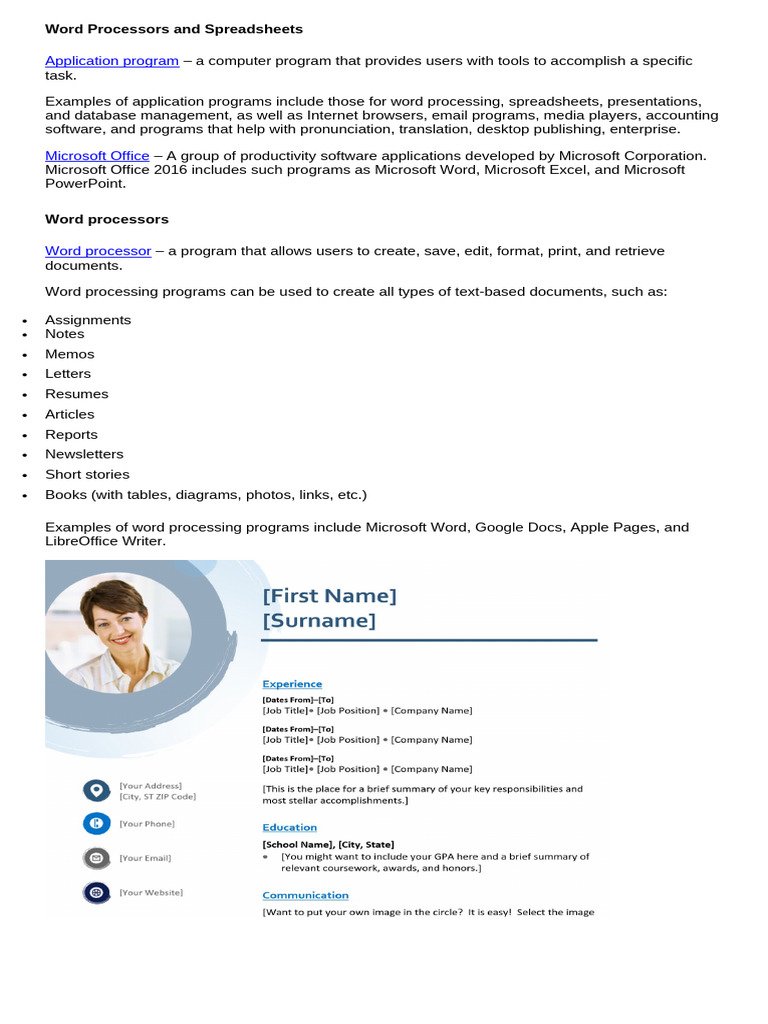 Word Processors and Spreadsheets | PDF