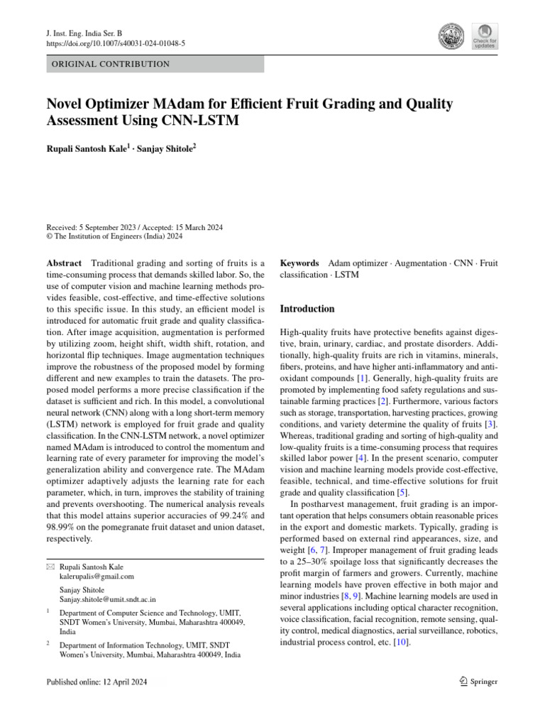 Novel Optimizer Madam For Efficient Fruit Grading and Quality Assessment Using CNN LSTM | PDF