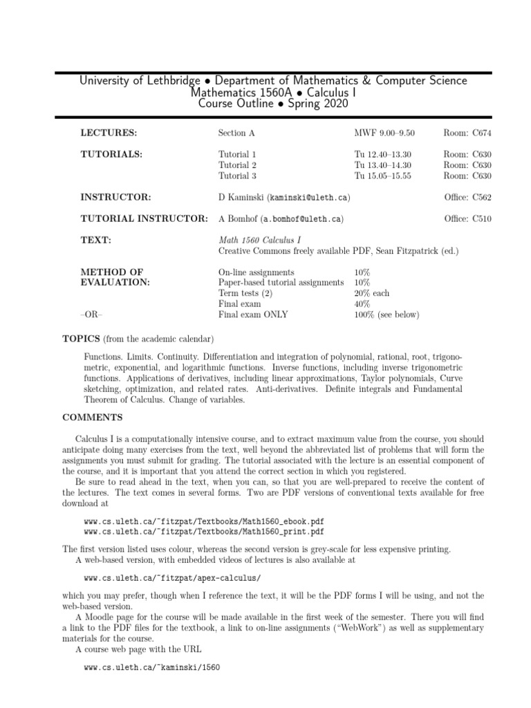 University of Lethbridge - Department of Mathematics & Computer Science Mathematics 1560A ...