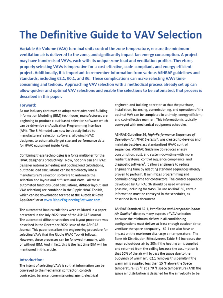Guide To VAV Selection 1 | PDF | Ventilation (Architecture) | Electromechanical Engineering