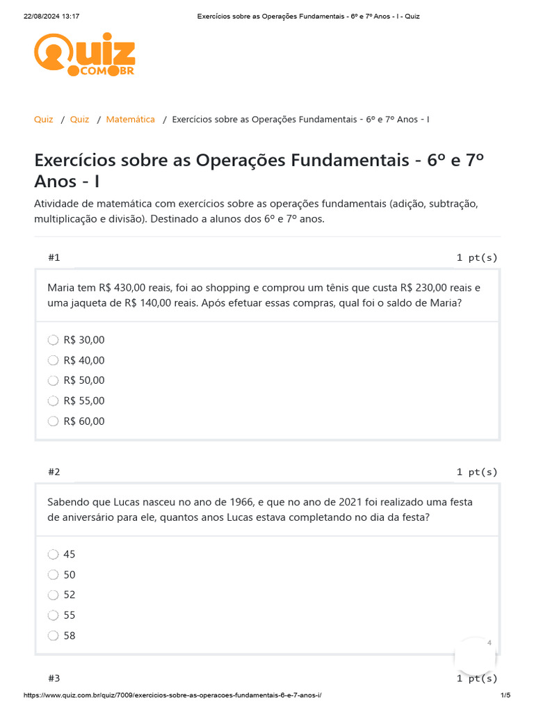 Exercícios Sobre As Operações Fundamentais 6º E 7º Anos I Quiz Pdf