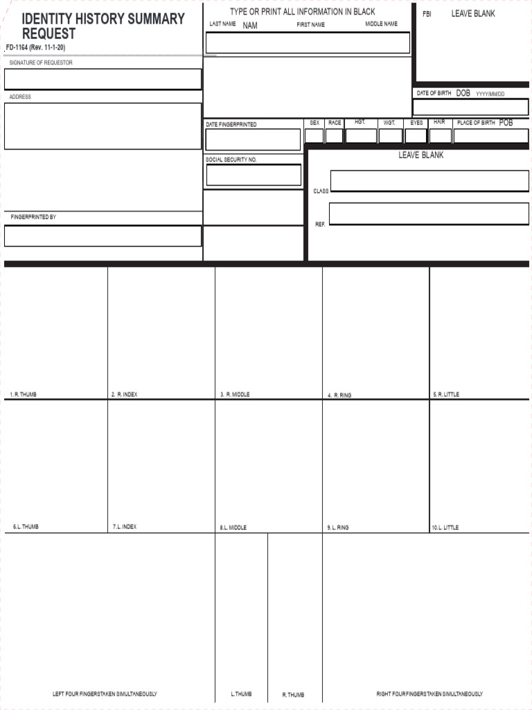 FBI 1164 Identity History Summary Request 110120 | PDF | Fingerprint ...
