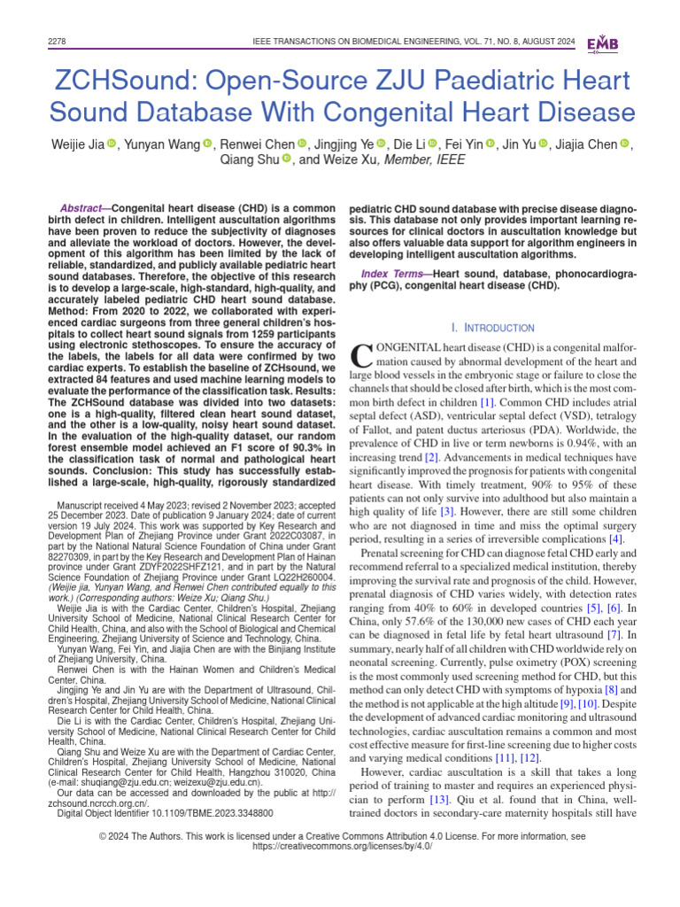 ZCHSound Open-Source ZJU Paediatric Heart Sound Database With ...