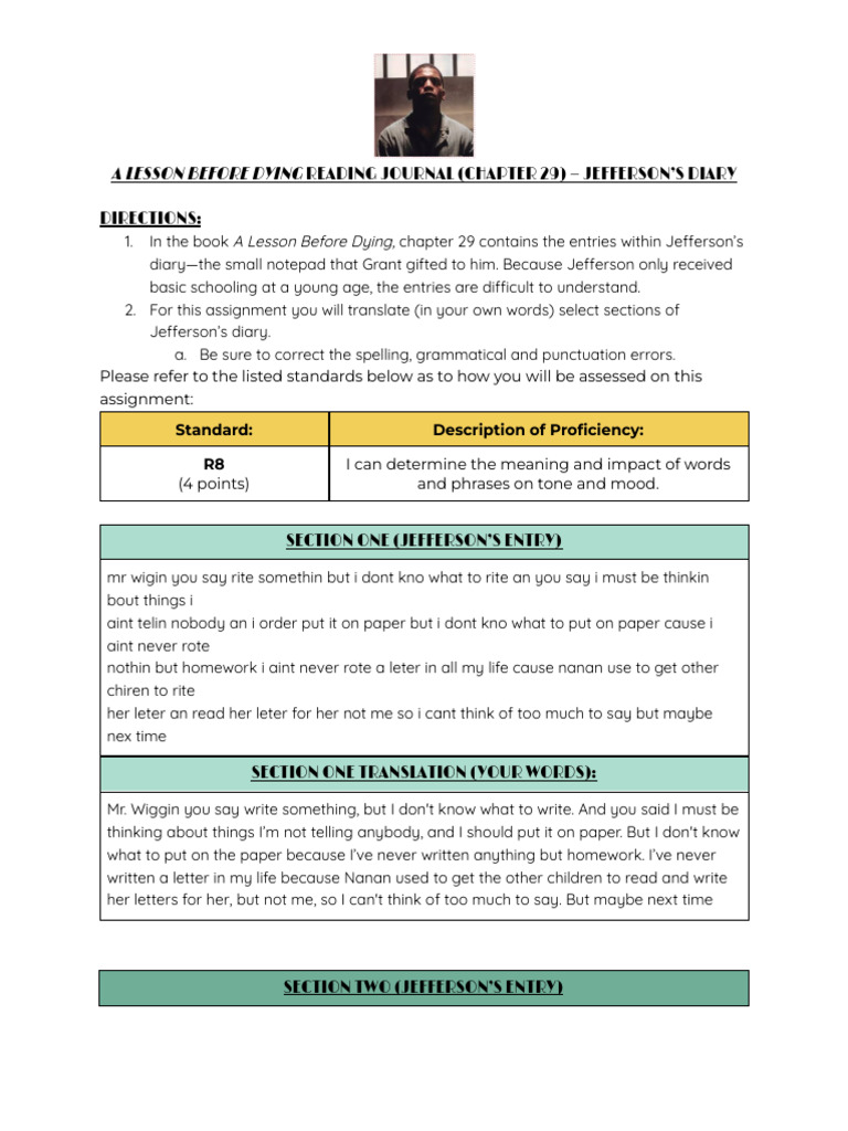 A Lesson Before Dying Reading Journal (Chapter 29) - Jefferson's Diary ...