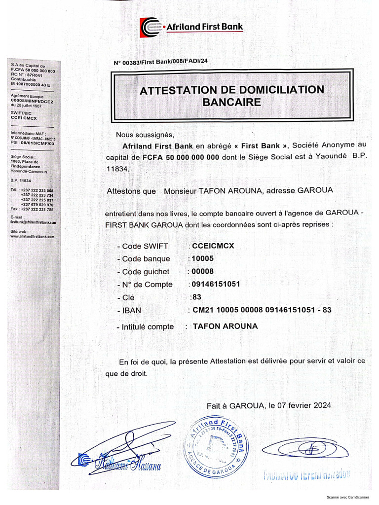 Attestation de Domiciliation Bancaire | PDF