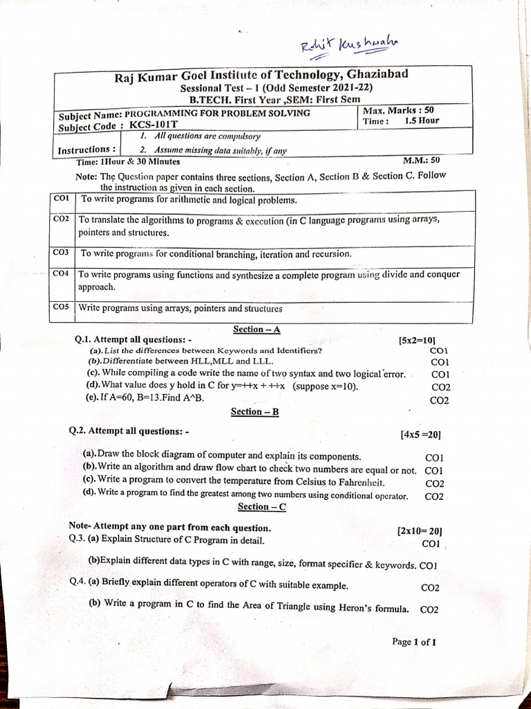 KCS-101T - ST1 Question Paper | PDF