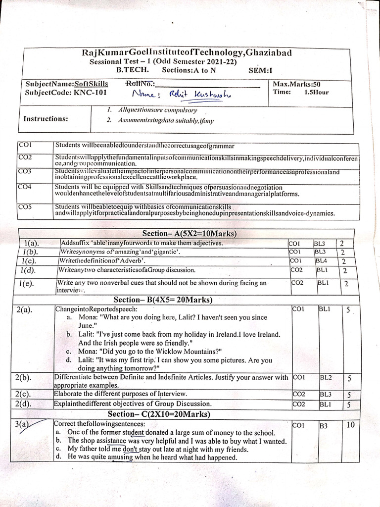 KNC-101 - ST1 Question Paper | PDF