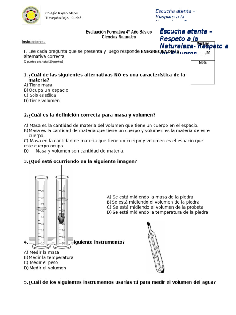 Evaluación Propiedades de La Materia 4° | PDF
