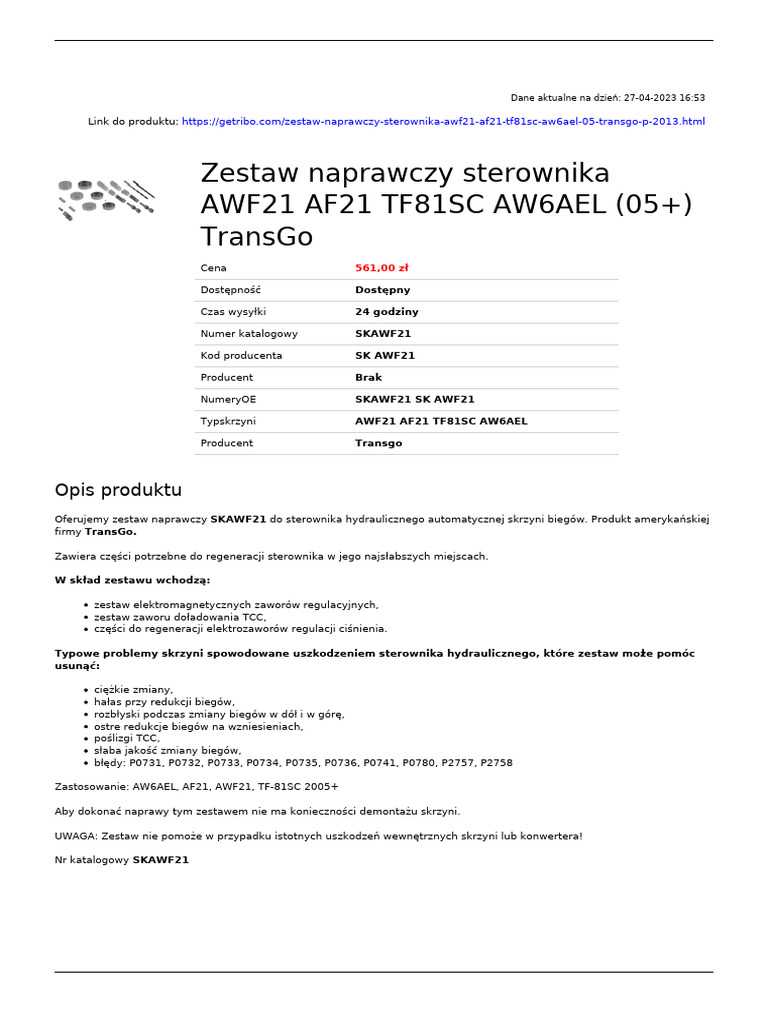 Zestaw Naprawczy Sterownika Awf21 Af21 tf81sc Aw6ael 05 Transgo | PDF