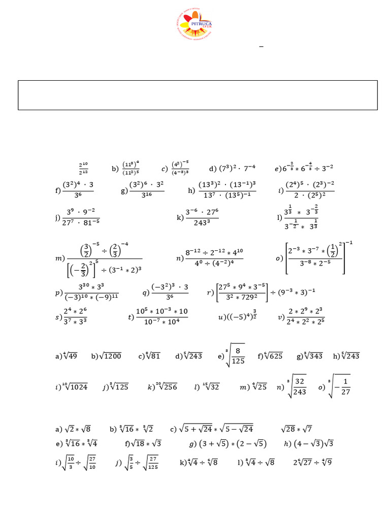 Ficha de Trabalho de Mat - Potências e Radicais 10 DP e INF | PDF