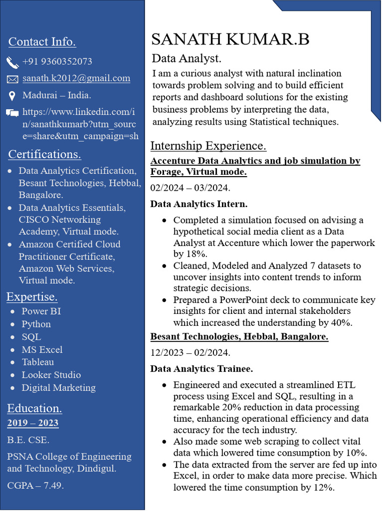 Sanath Da Resume | PDF | Data Analysis | Data