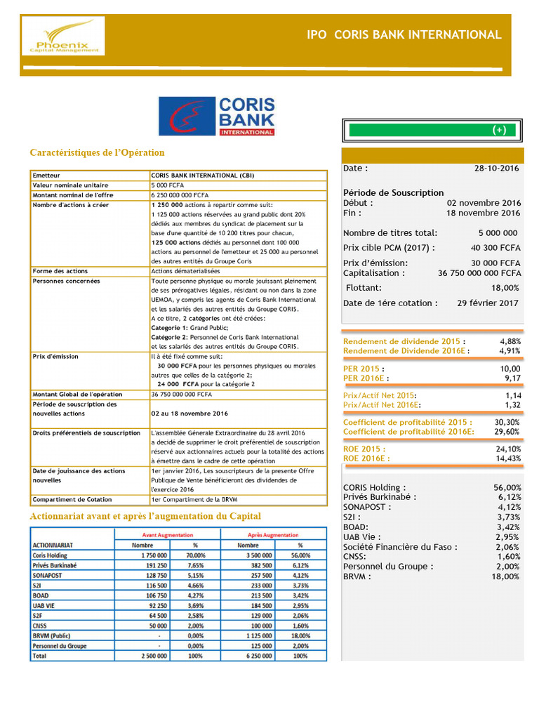 Fiche Valeur OPV CORIS BANK | PDF
